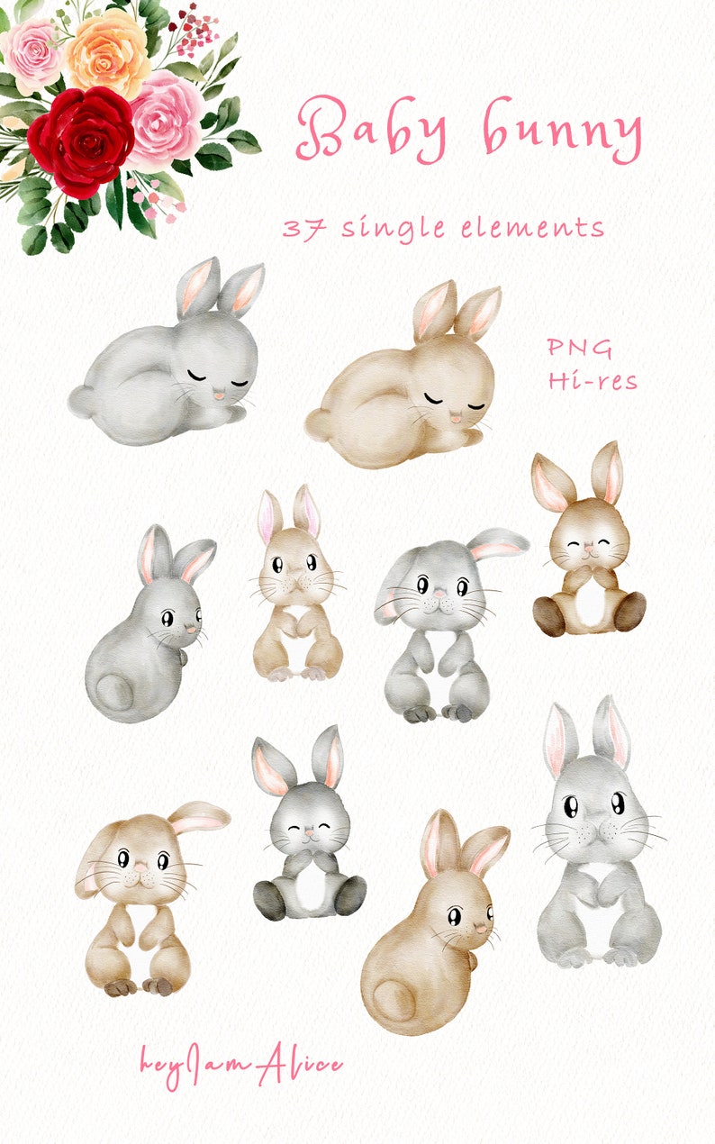 Baby Bunny Clipart, Pink Watercolor Rabbit PNG, Sublimation Png ...