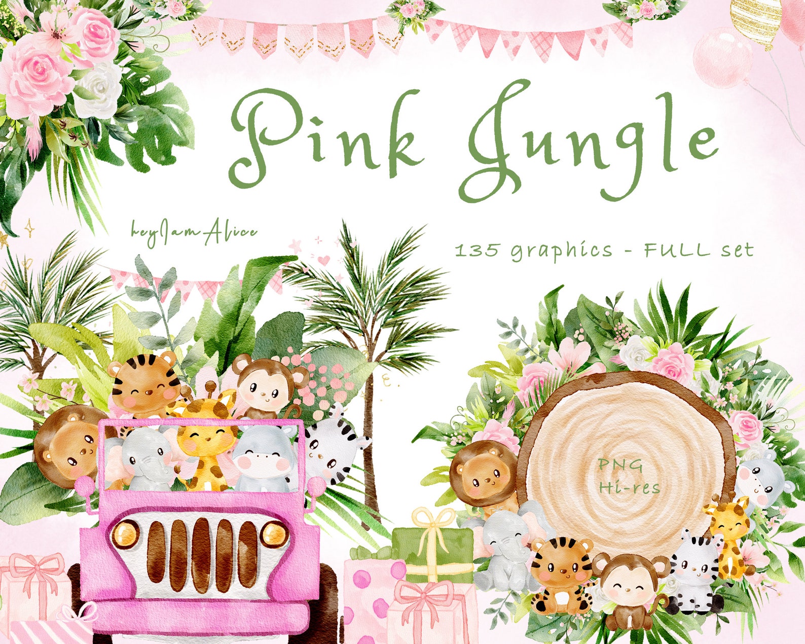 Pink Jungle Watercolor Animal Clipart Jungle Nursery Jungle | Etsy