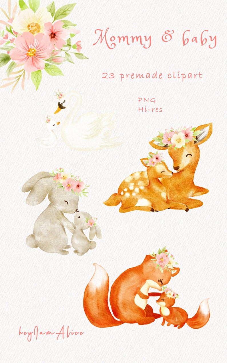 Mother and Baby Watercolor Clipart Mommy and Baby Animal | Etsy