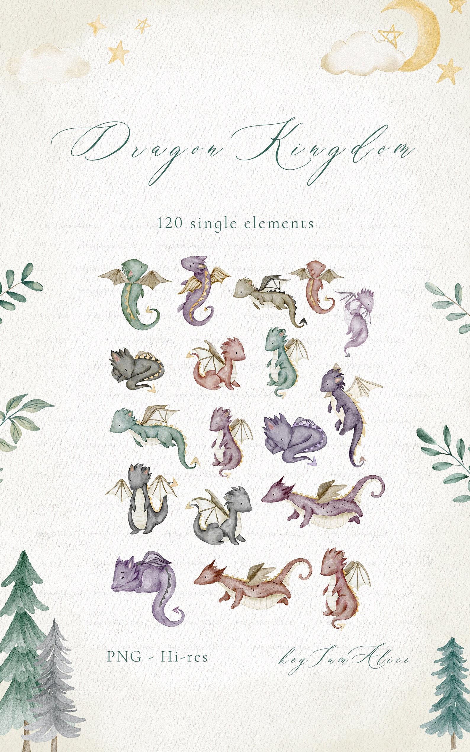 Dragon Watercolor Clipart Knight Digital Clipart Fairy Tale - Etsy