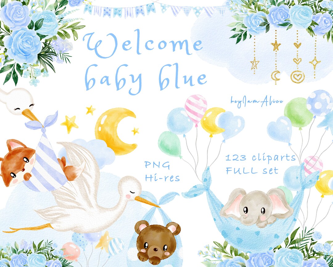 Welcome Baby Watercolor Clipart, Baby Animal, Nursery Blue, Gender ...