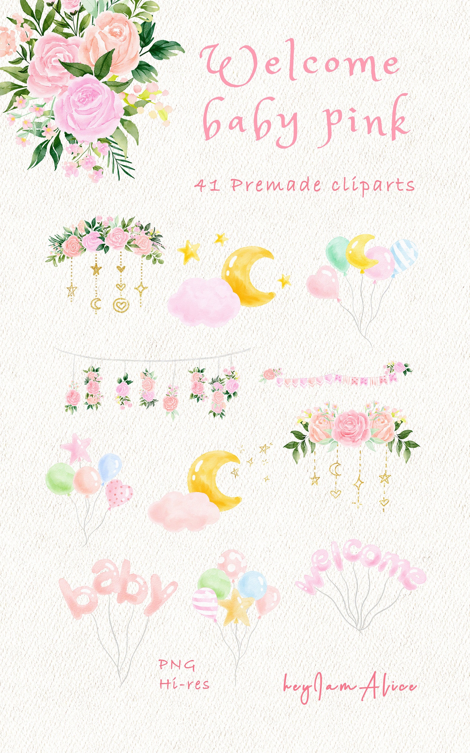 Welcome Baby Watercolor Clipart Baby Animal Nursery Pink - Etsy