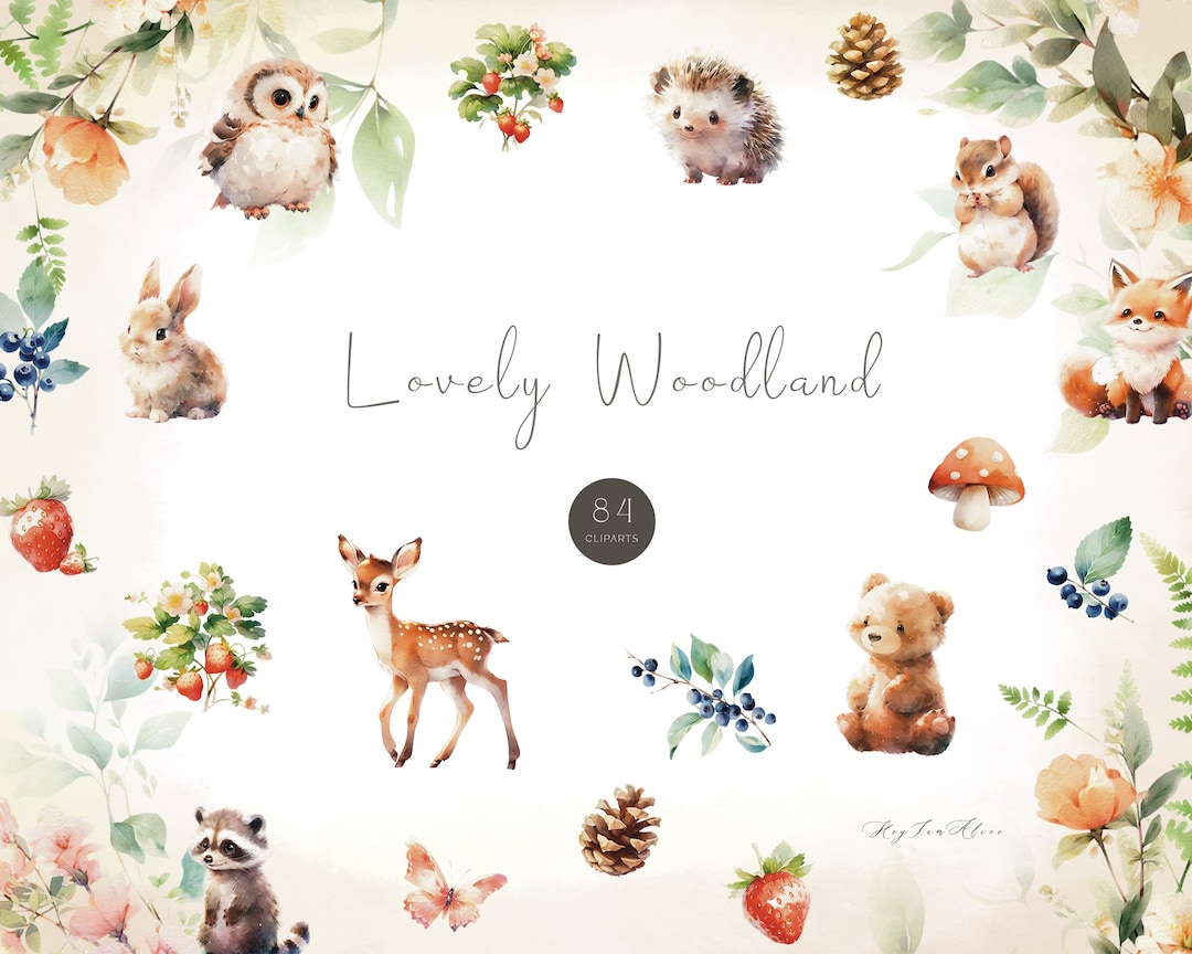 Woodland Cute Animal Watercolor Clipart, Forest Baby Nursery, Adorable ...