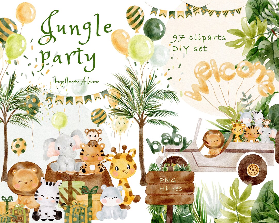 Jungle Watercolor Animal Clipart, Jungle Nursery, Jungle Baby Shower ...