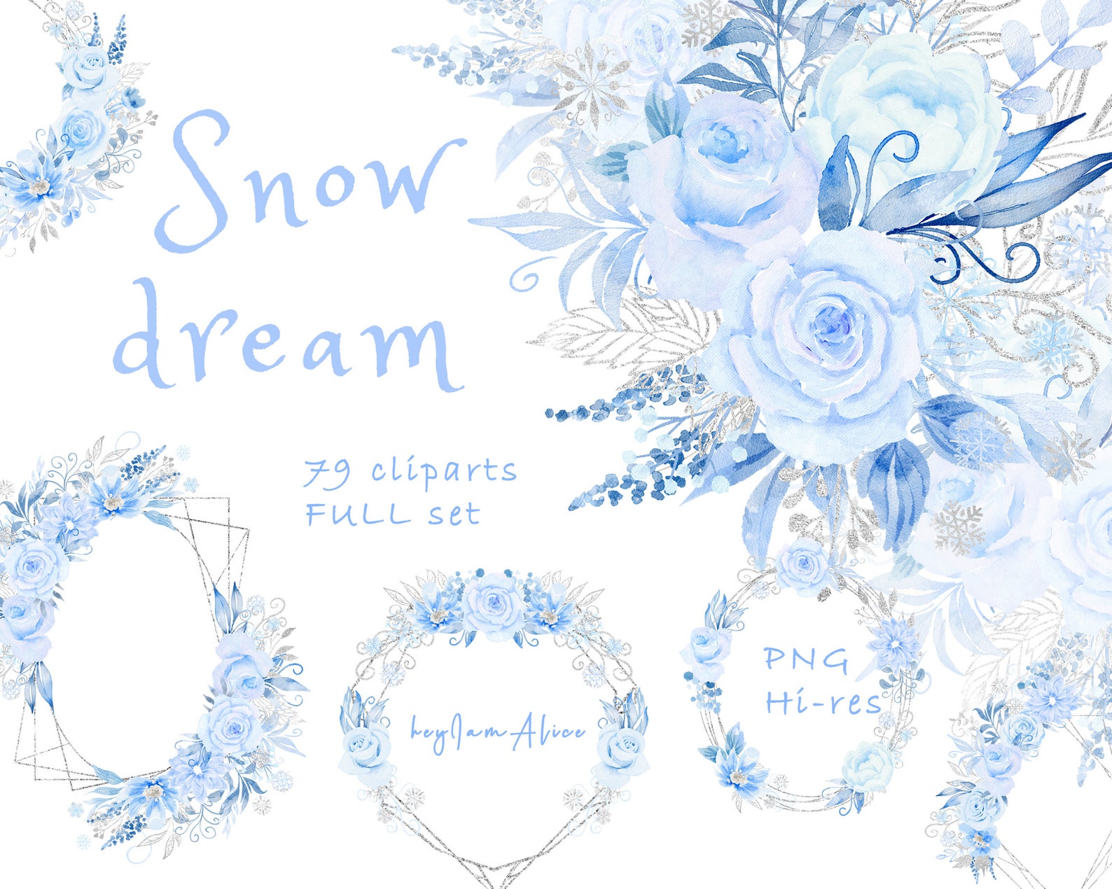 Blue Floral Watercolour Clipart Winter Flower PNG Blue Snow - Etsy