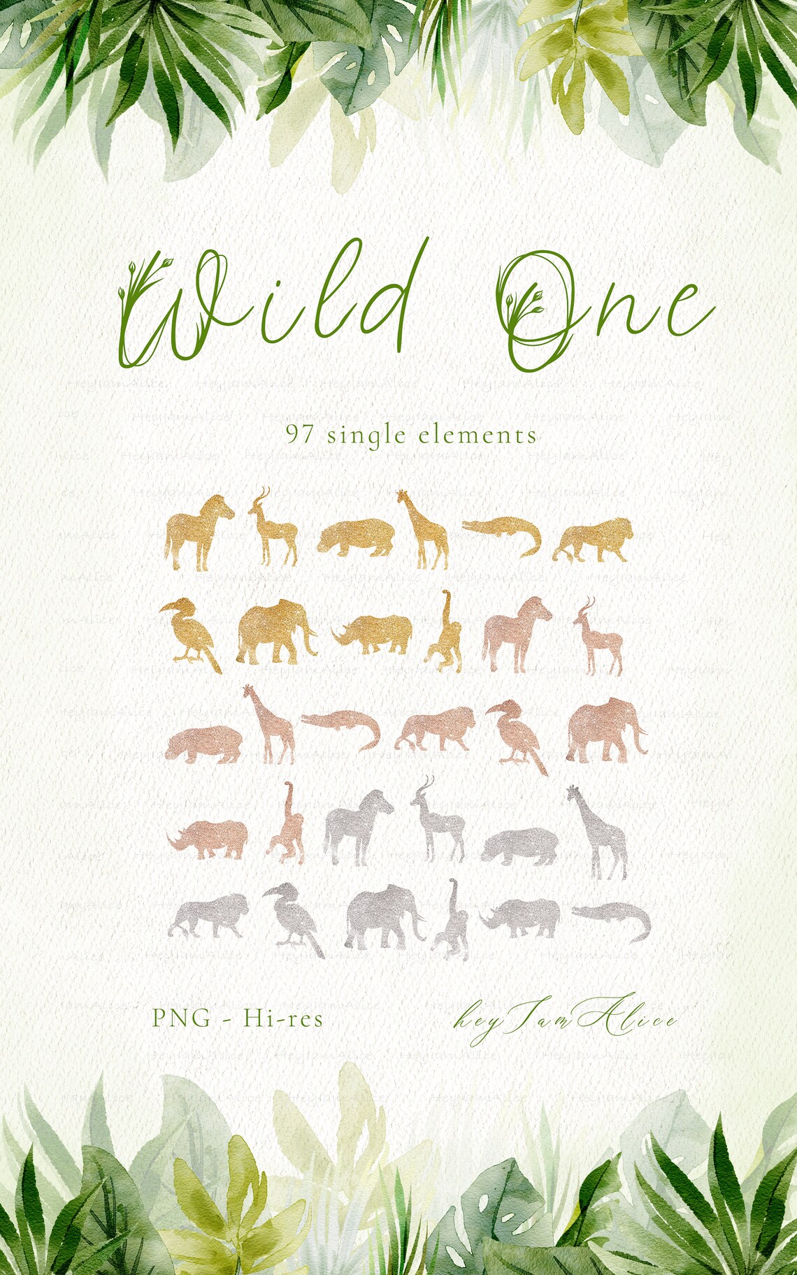 Jungle Watercolor Animal Clipart WILD ONE Png Jungle - Etsy