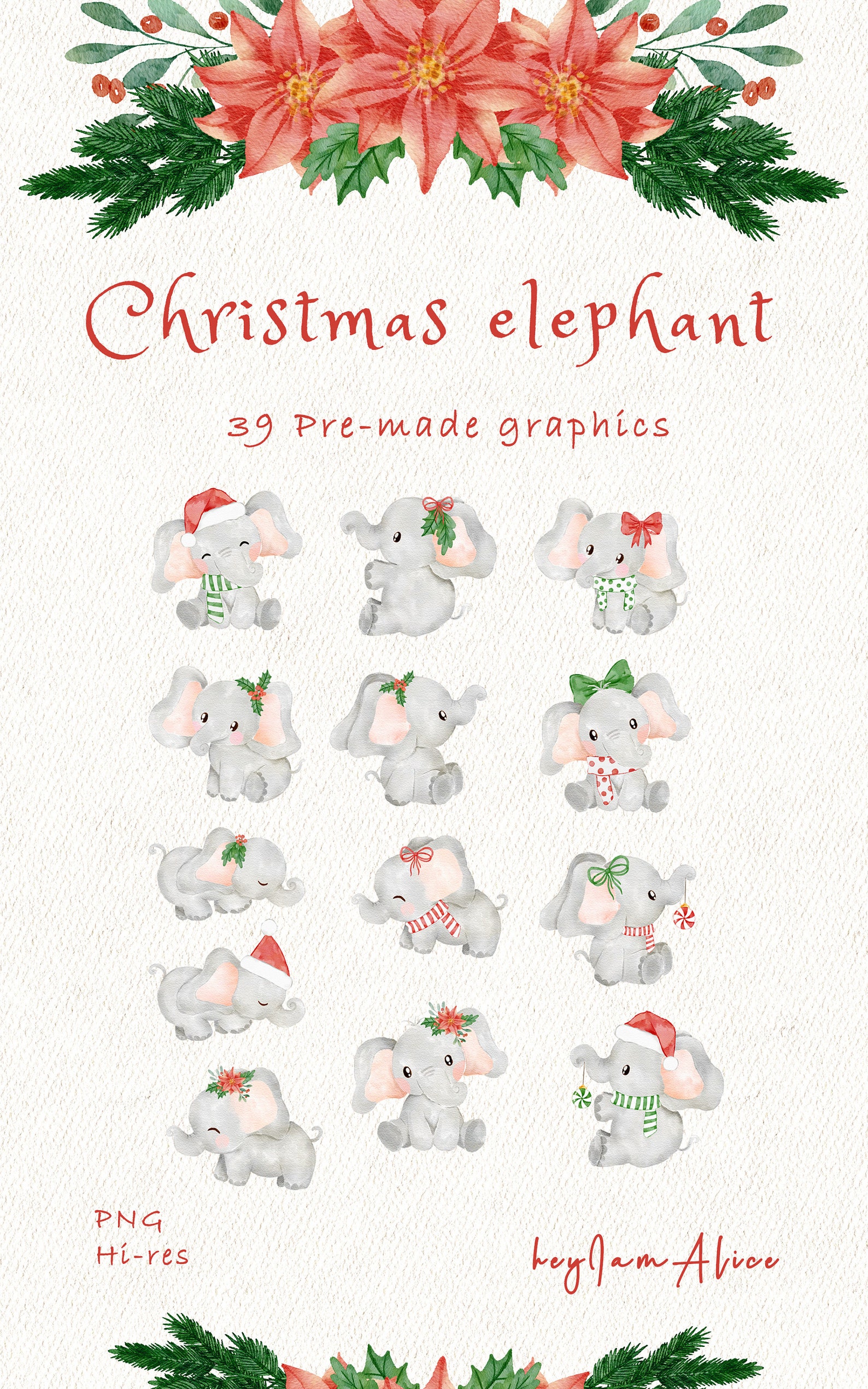 Baby Elephant Christmas Clipart PNG Holiday Watercolor | Etsy