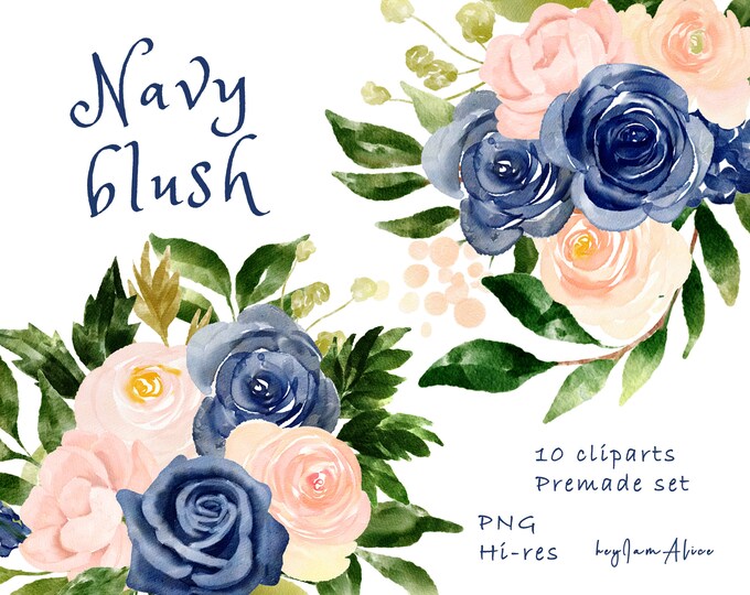 Blush and Navy Floral Clipart - Watercolor Floral Frame Clipart ...