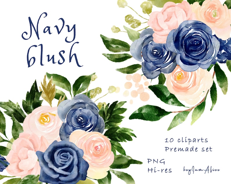 Navy Blush Flower Watercolor Clipart, FREE COMMERCIAL Use, Pink Floral ...