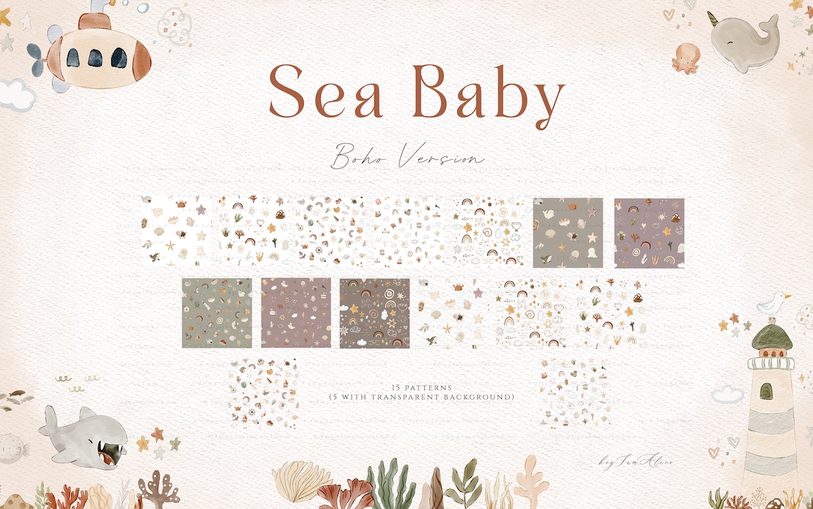 Sea Baby Clipart, Watercolor Ocean Graphic, Boho Nursery Clipart ...