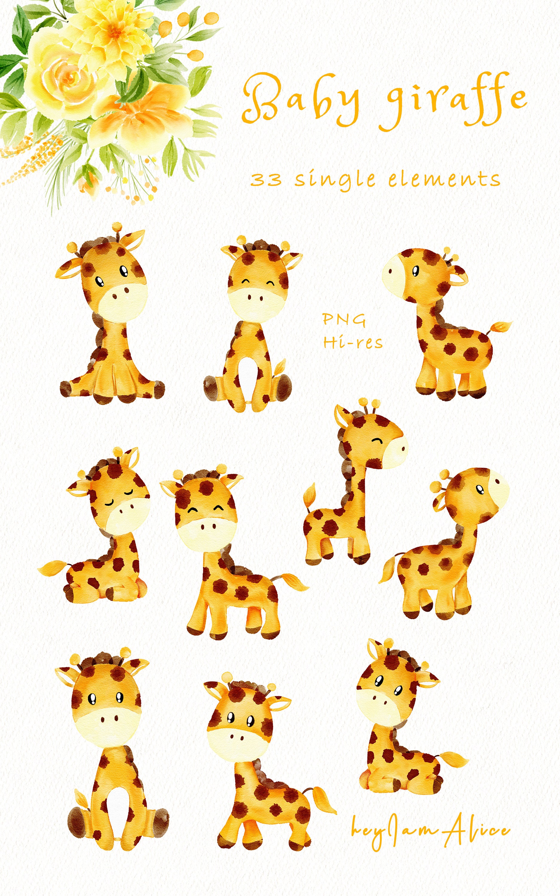 Baby Giraffe Clipart, Yellow Watercolor Giraffe PNG, FREE COMMERCIAL ...