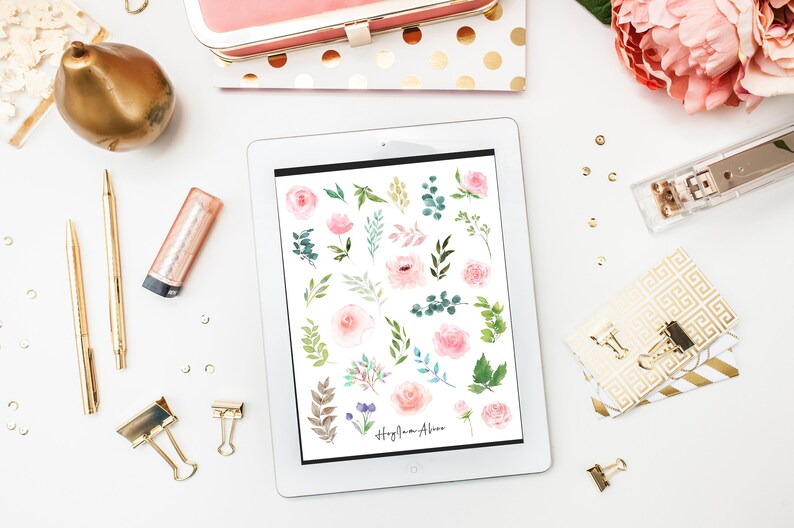 Pink Flower Digital Sticker, PRINTABLE Sticker Sheet, Watercolor ...