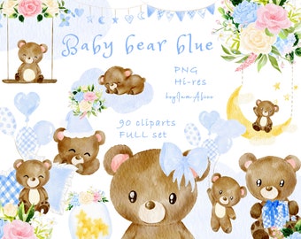 Baby Bear Clipart Blue Watercolor Teddy Bear PNG FREE | Etsy