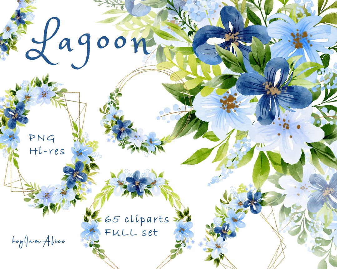 Blue Navy Floral Watercolor Clipart, FREE Commercial Use, Greenery ...