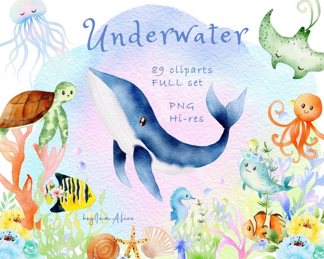 Underwater Clipart, Watercolor Sea Animal Clipart, FREE COMMERCIAL Use ...
