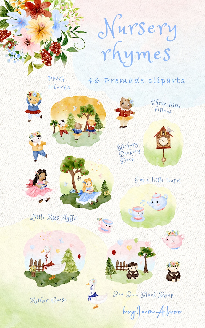 Nursery Rhymes Watercolor Clipart, Mother Goose PNG, Baby Graphics PNG ...