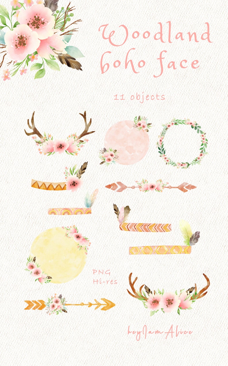 Boho Tribal Baby Animal Face Clipart Watercolor Feather and | Etsy