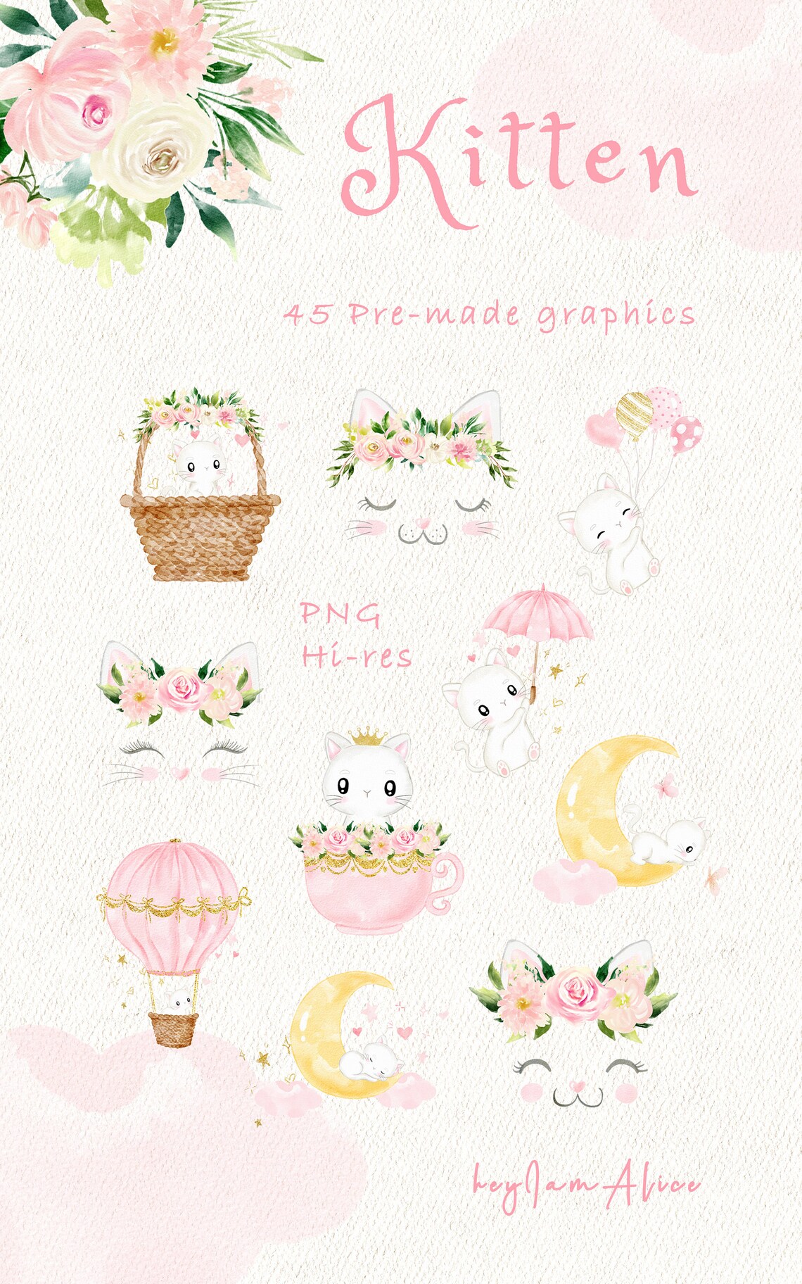 Baby Cat Watercolor Clipart, Kitten Graphic PNG, Cute Cat, Little ...