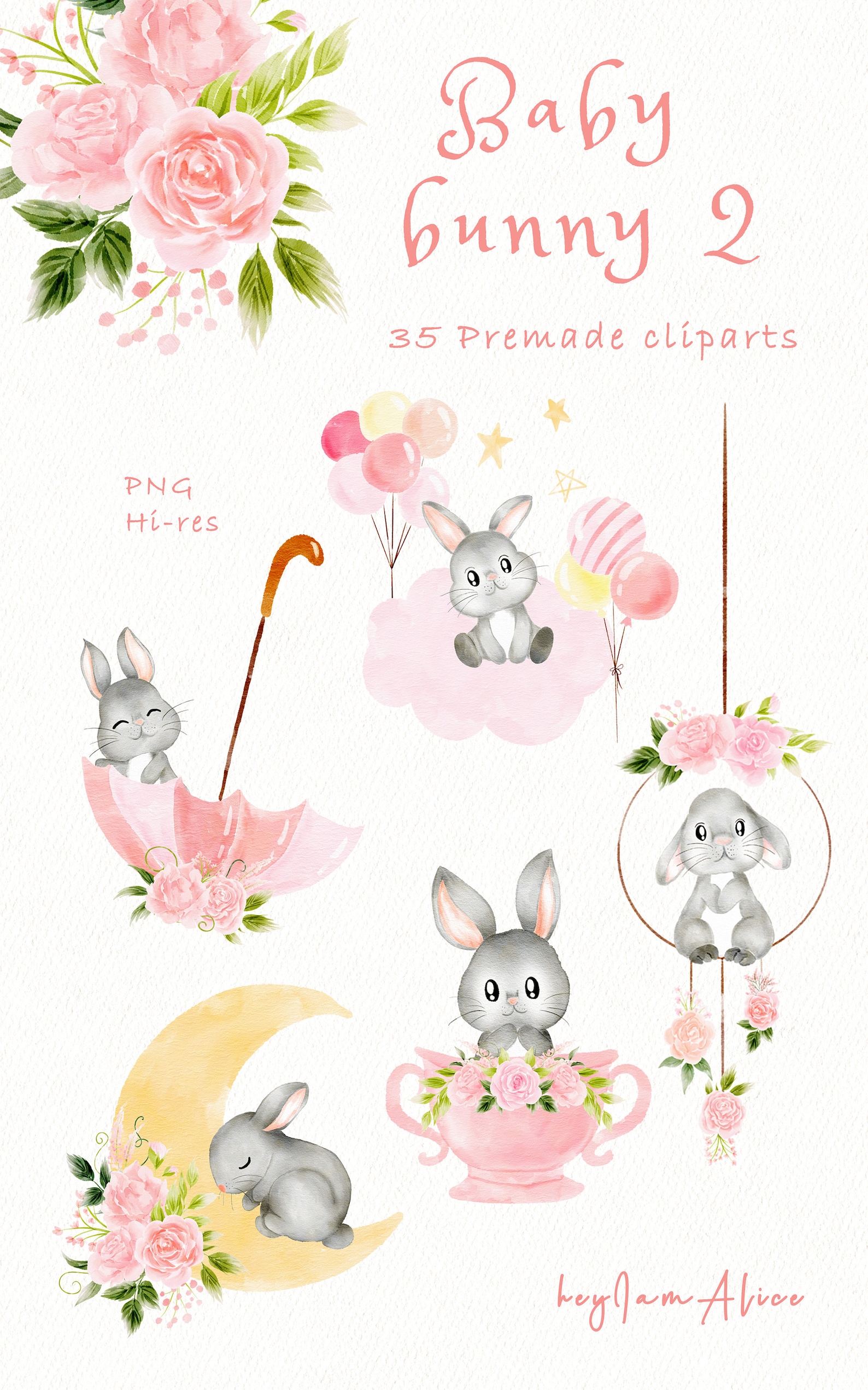 Baby Bunny Clipart Pink Watercolor Rabbit PNG FREE | Etsy