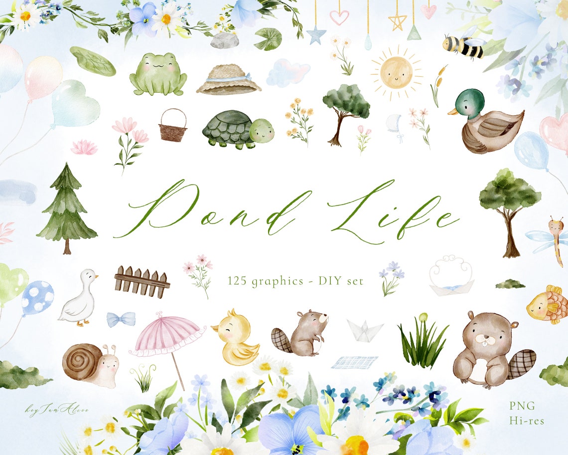 Pond Life Clipart, Frog PNG Graphic, Frog Princess PNG, Duck Pond Baby ...