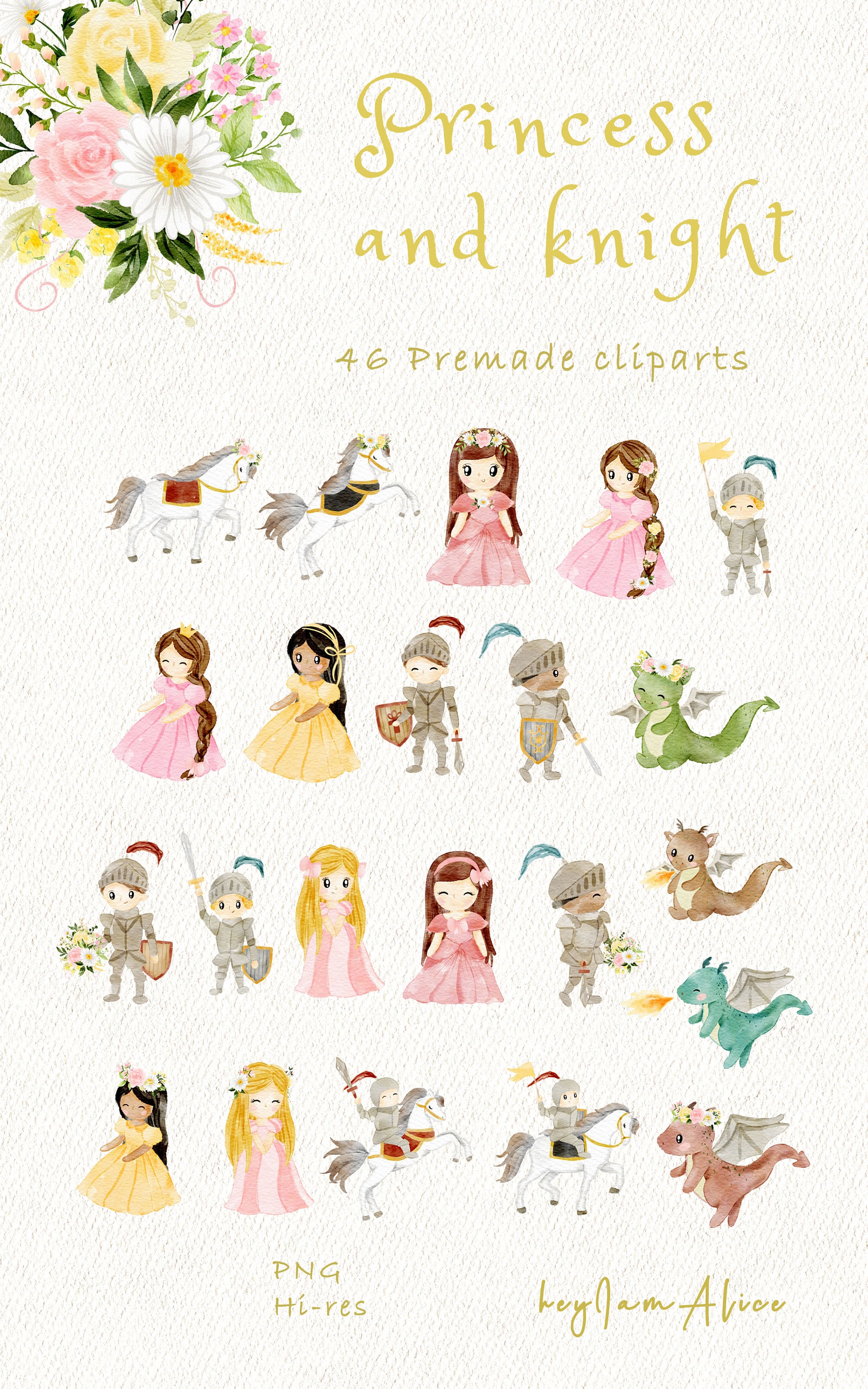 Princess and Knight Watercolor Clipart, Fairy Tale Graphics, Dragon ...