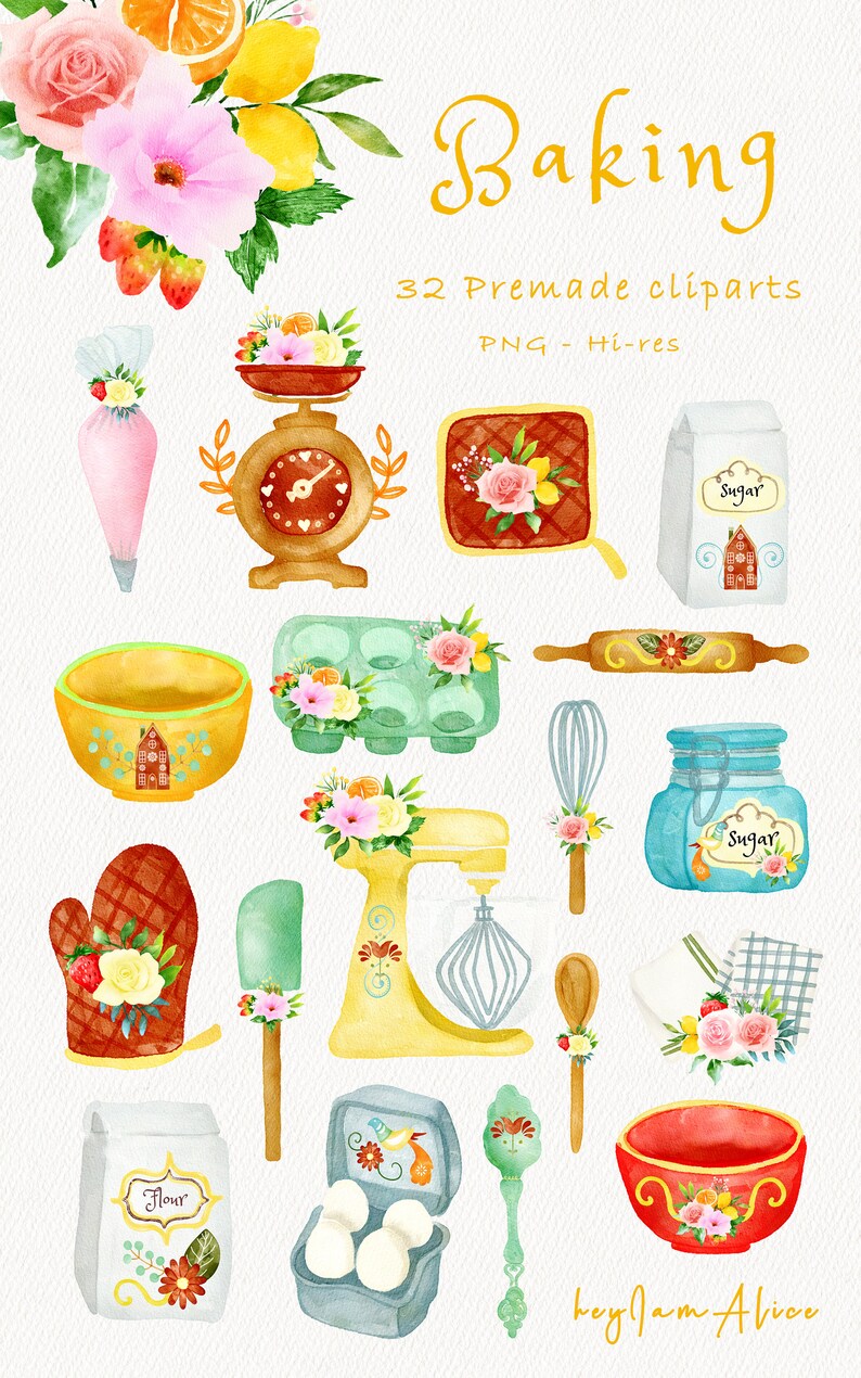 Watercolor Baking Supplies Clipart PNG , FREE Commercial Use, Baking ...