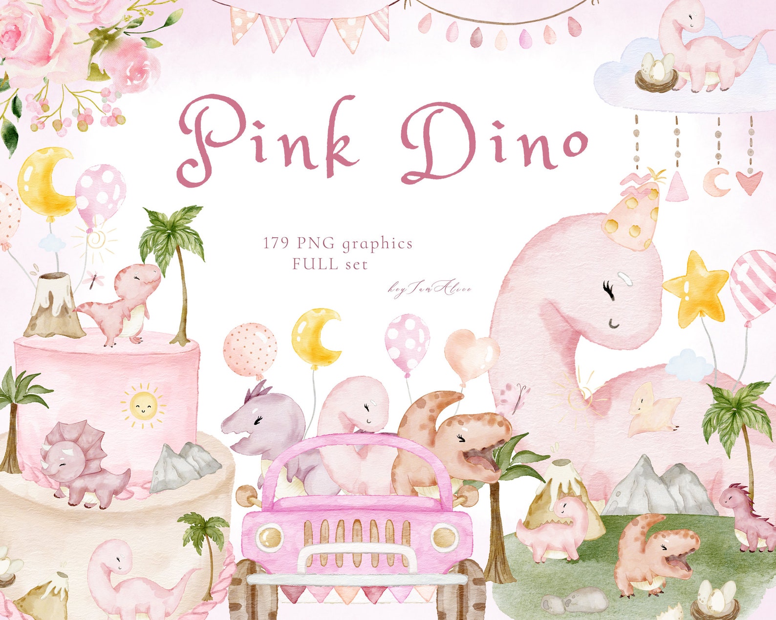 Baby Pink Dinosaurs Watercolour Clipart Cute Girl Dinosaurs - Etsy