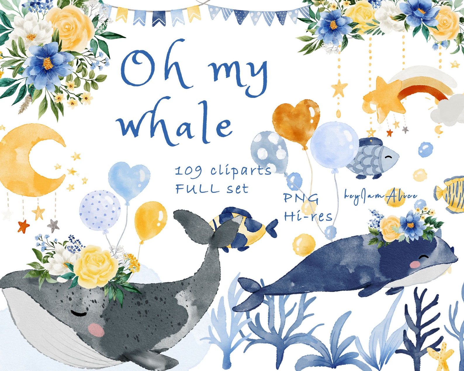 Whale Clipart, Watercolor Ocean Graphic, Cute Sea Animal PNG, Under the ...