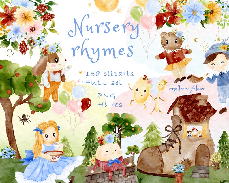 Nursery Rhymes Watercolor Clipart, Mother Goose PNG, Baby Graphics PNG ...