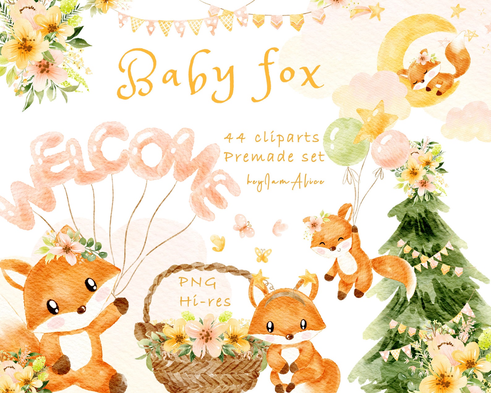 Baby Fox Watercolor Clipart Woodland Animal PNG FREE | Etsy