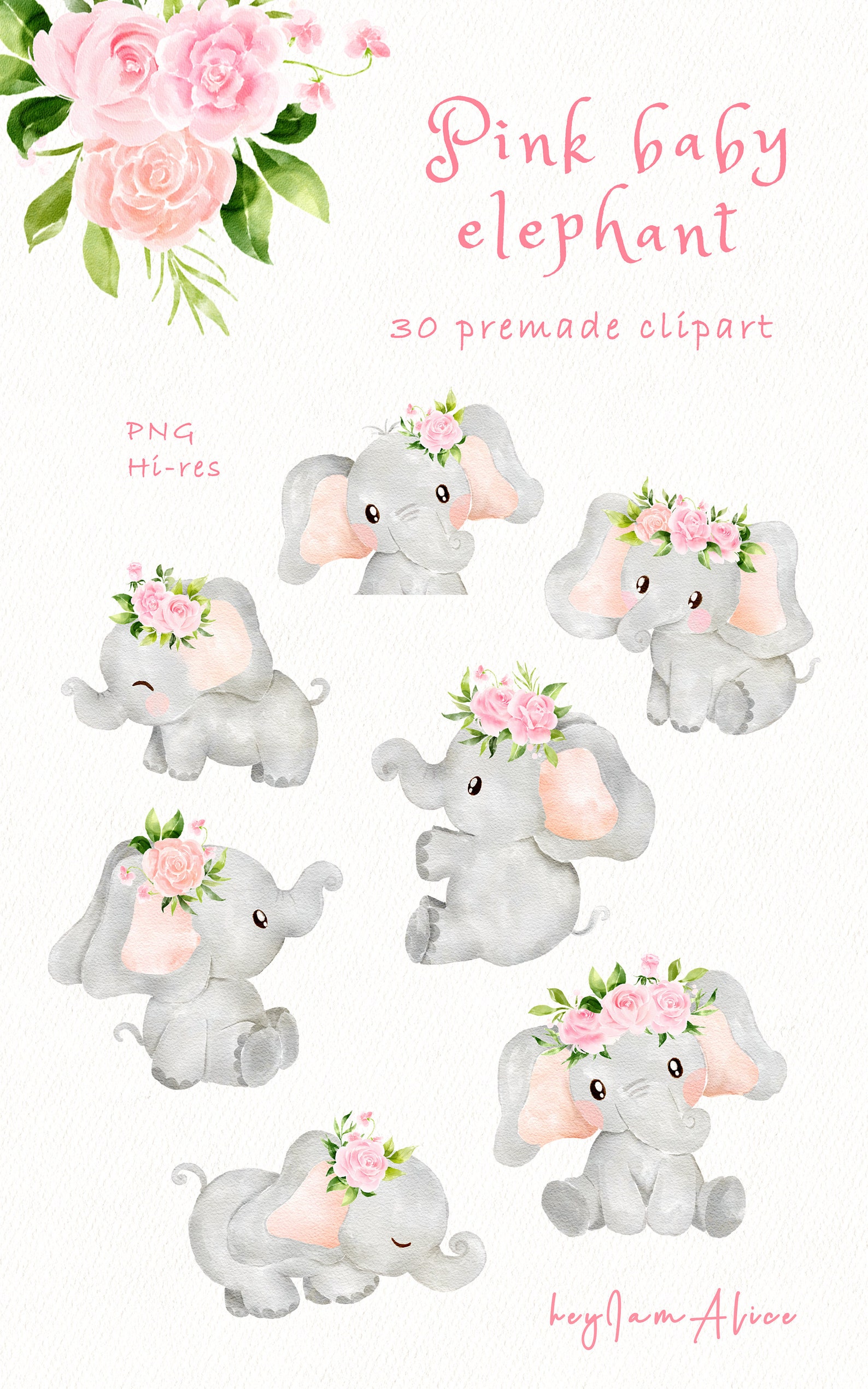 Baby Elephant Clipart Pink Watercolor Elephant PNG FREE - Etsy