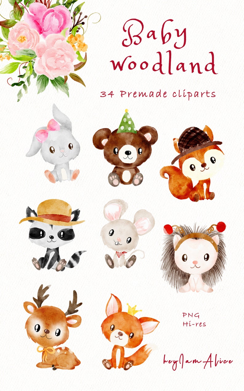 Baby Woodland Animal Clipart Watercolor Little Animal Free | Etsy