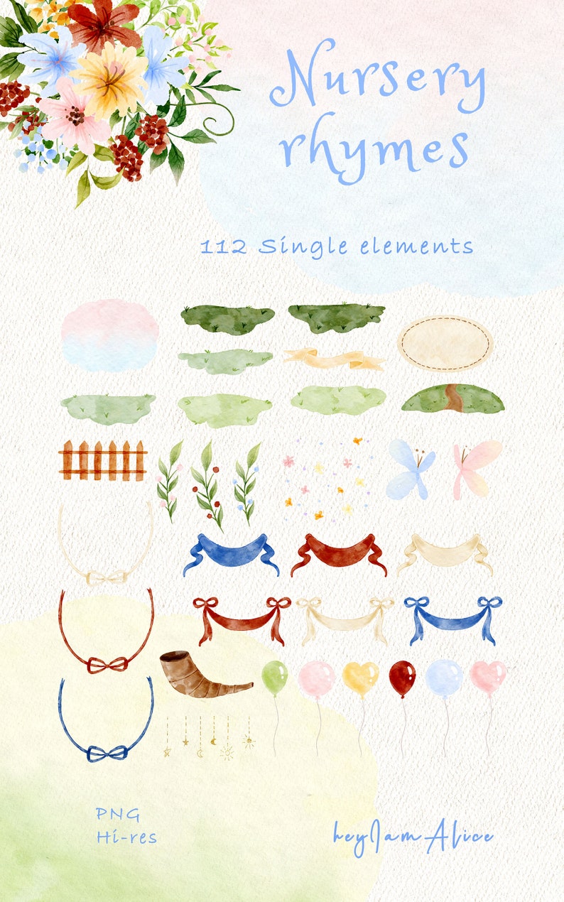Nursery Rhymes Watercolor Clipart, Mother Goose PNG, Baby Graphics PNG ...