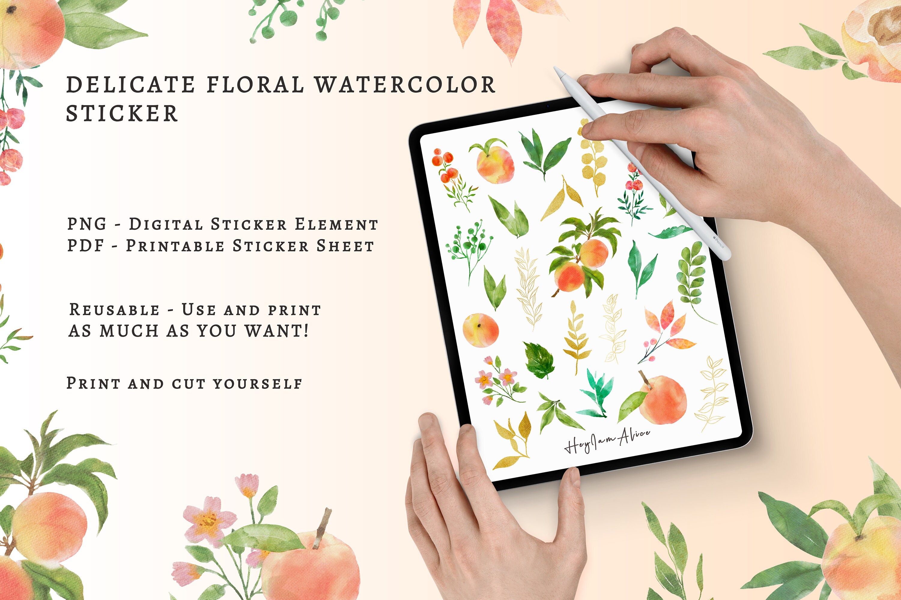 Golden Peach Digital Sticker Printable Sticker Sheet - Etsy