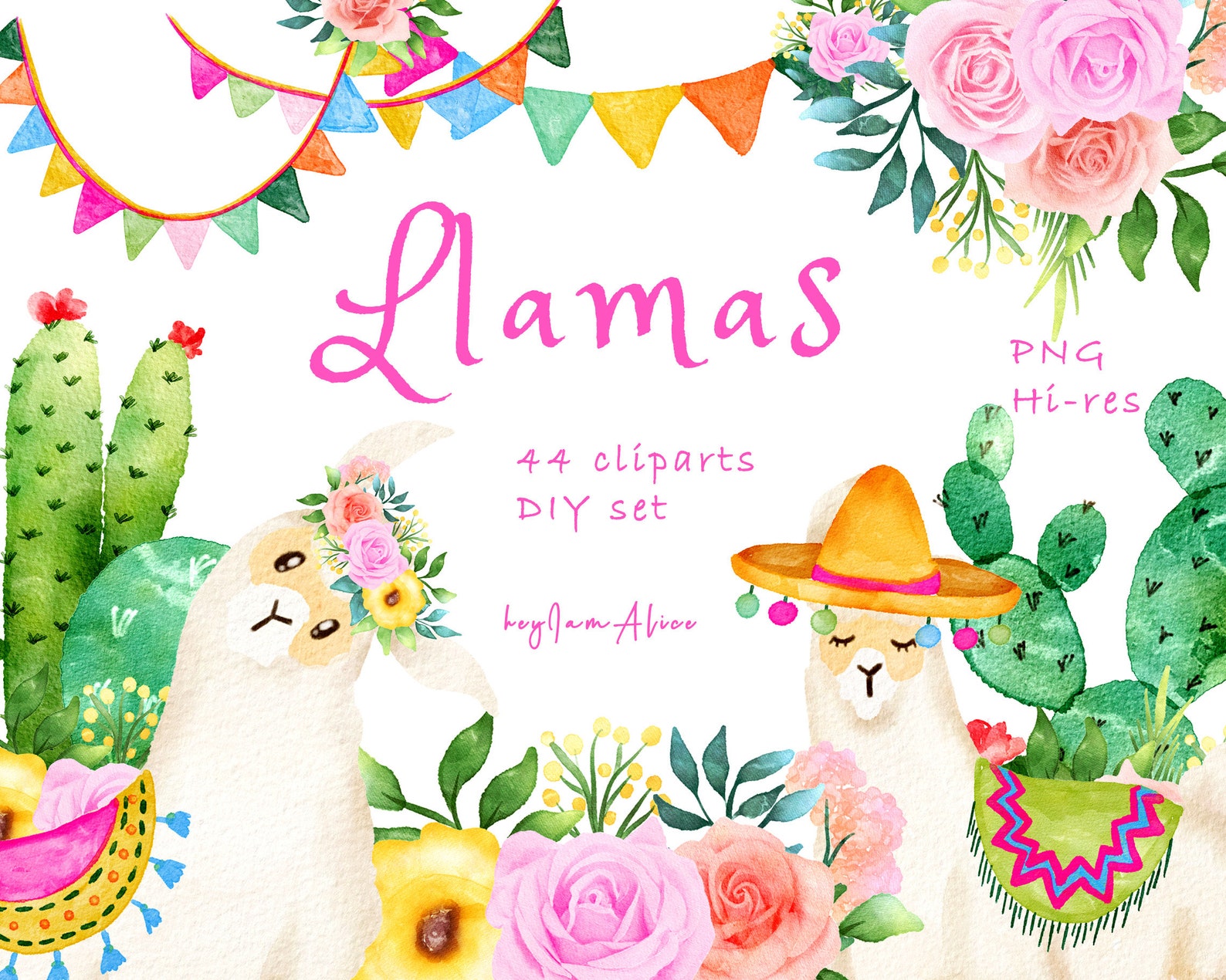 Llama Watercolor Clipart, Alpaca Clipart, FREE COMMERCIAL Use, Cactus ...