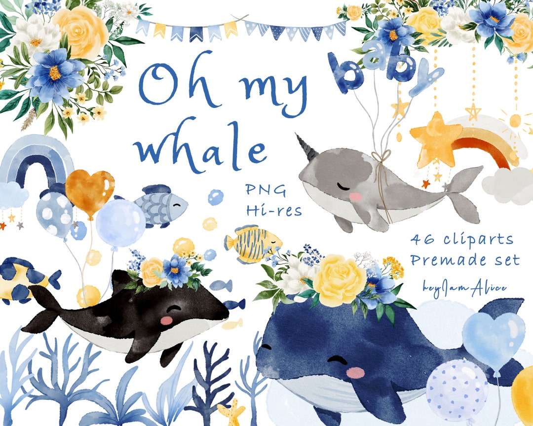 Whale Clipart, Watercolor Ocean Graphic, Cute Sea Animal PNG, Under the ...
