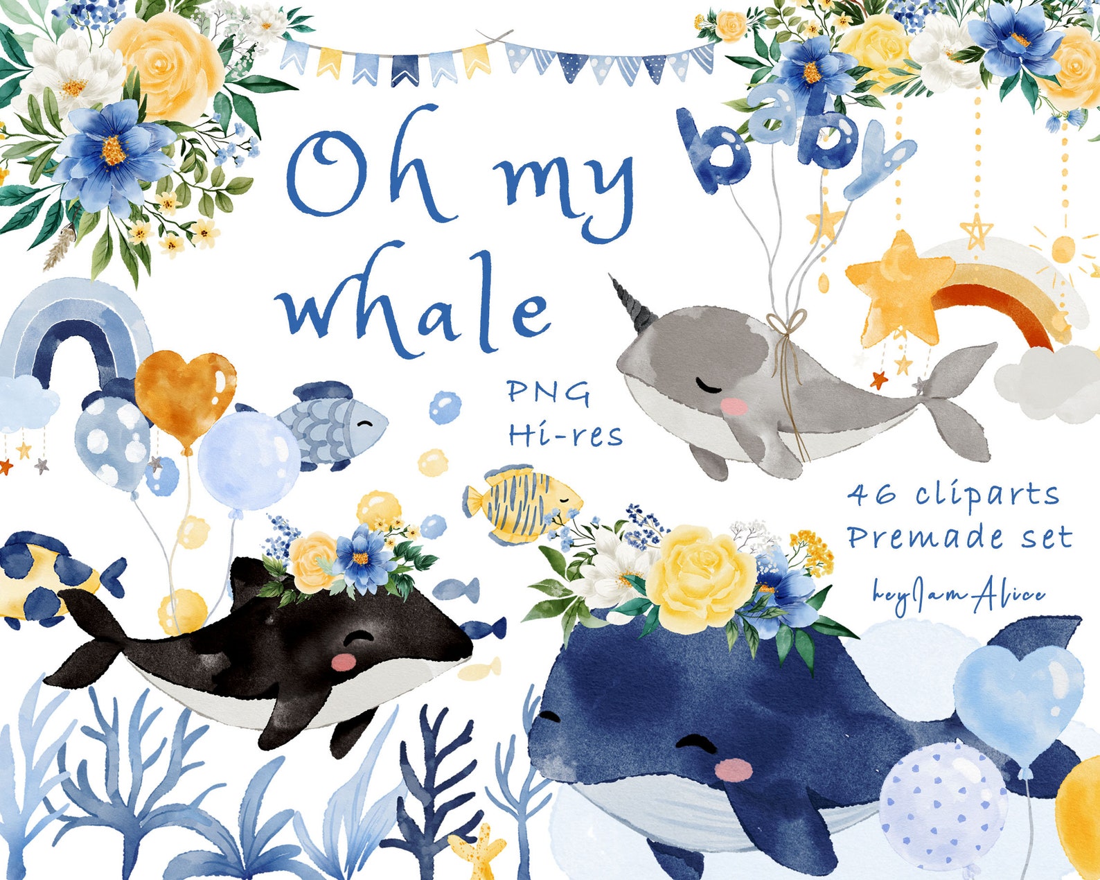 Whale clipart watercolor ocean graphic cute sea animal PNG | Etsy