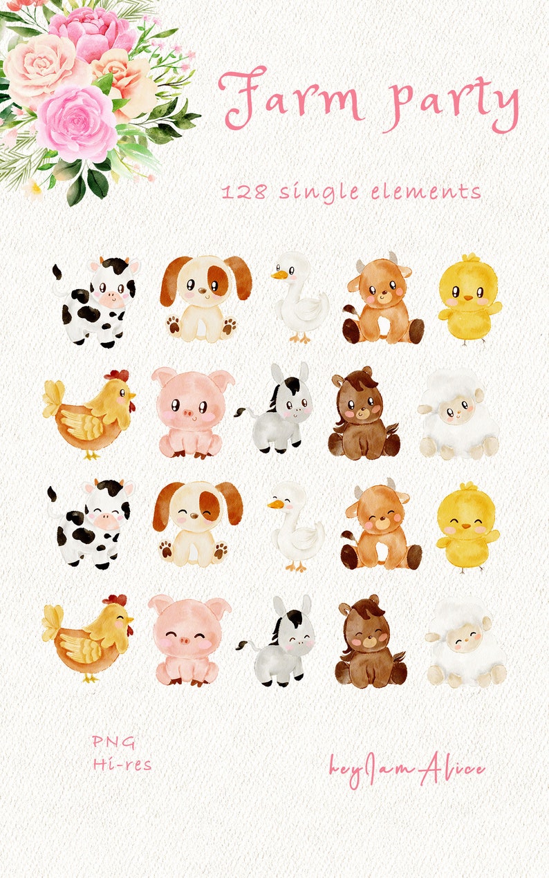 Farm Animal Watercolor Clipart Farm Baby Nursery Cute Farm | Etsy