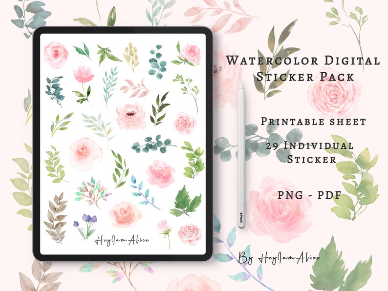 Pink Flower Digital Sticker, PRINTABLE Sticker Sheet, Watercolor ...