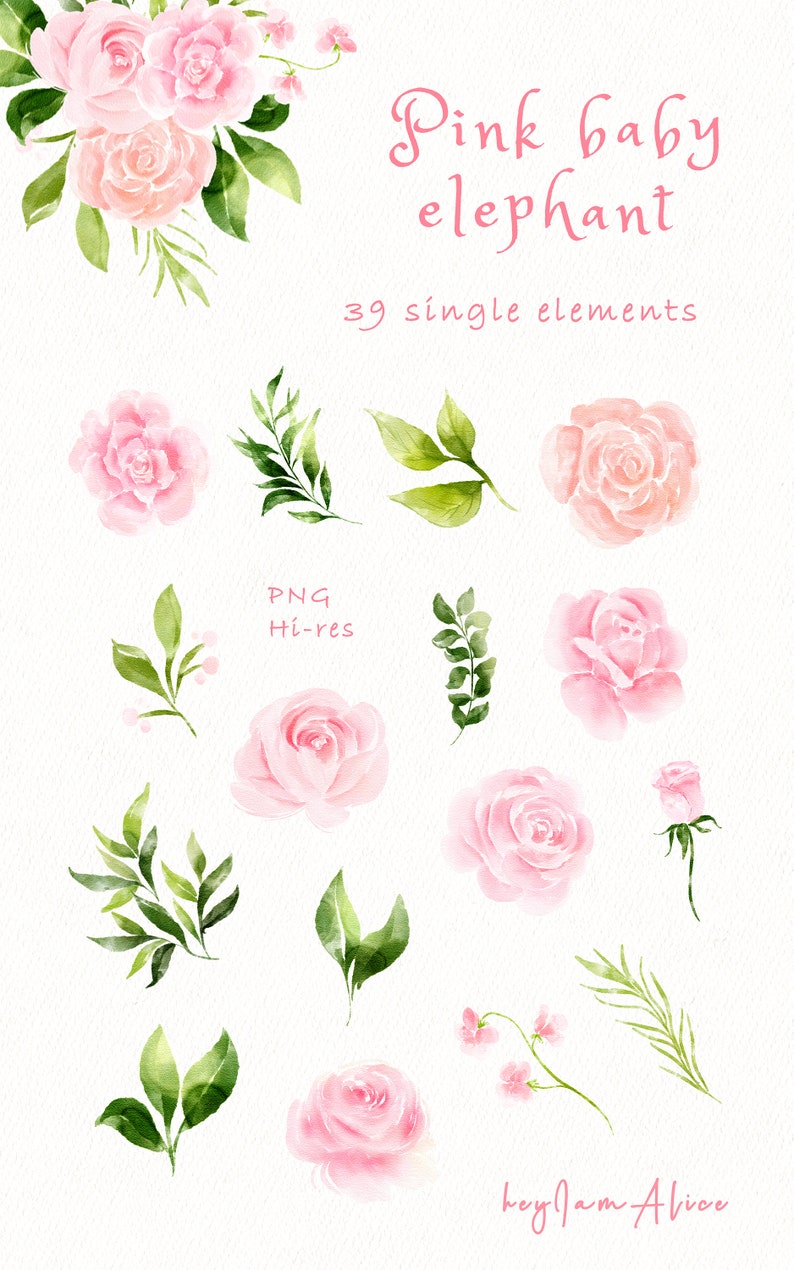 Baby elephant clipart pink watercolor elephant PNG FREE | Etsy