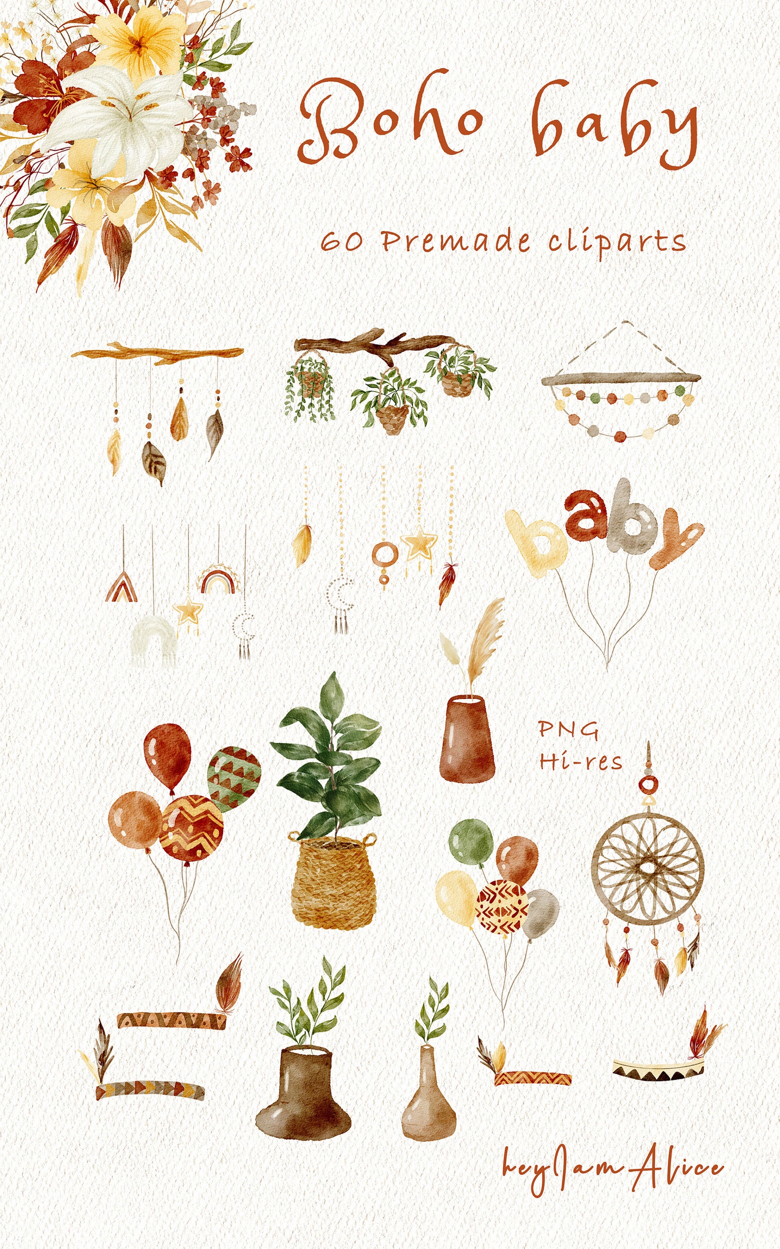 Boho Nursery Clipart, Watercolor Baby Animal Clipart, Newborn Boho Baby ...