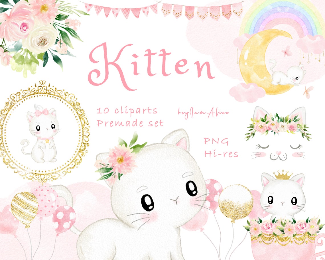 Baby Cat Watercolor Clipart Kitten Graphic PNG Cute Cat - Etsy