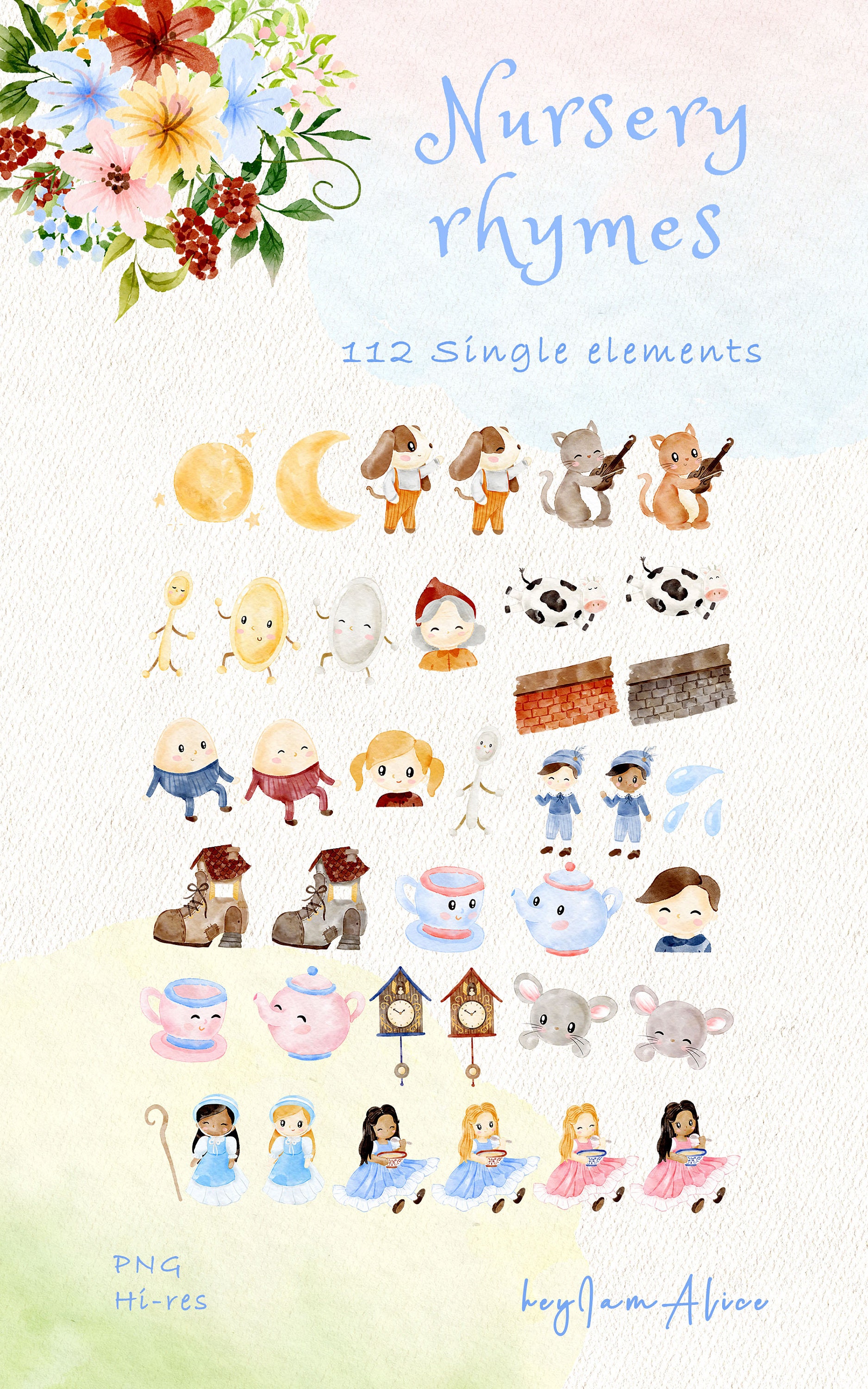 Nursery Rhymes Watercolor Clipart, Mother Goose PNG, Baby Graphics PNG ...