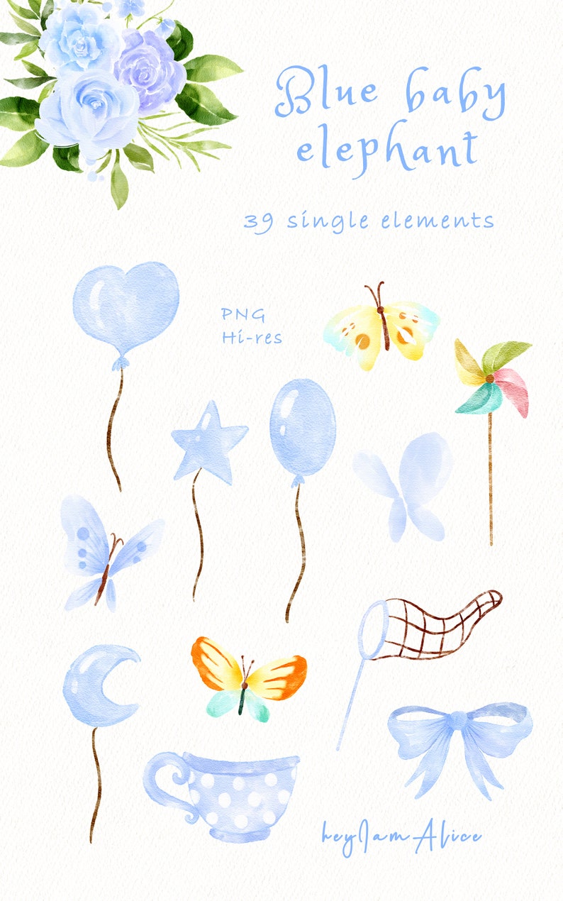 Baby Elephant Clipart Blue Watercolor Elephant PNG FREE - Etsy