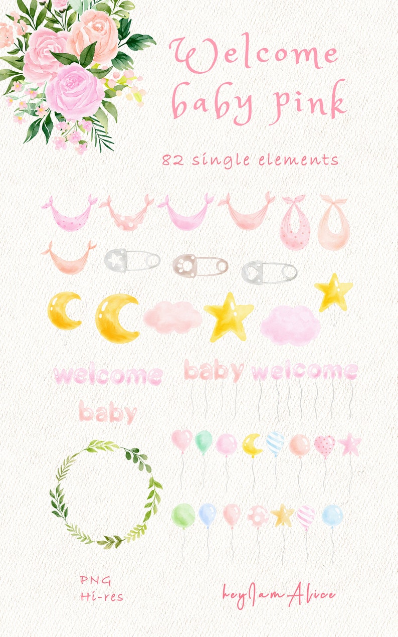 Welcome Baby Watercolor Clipart, Baby Animal, Nursery Pink, Gender ...