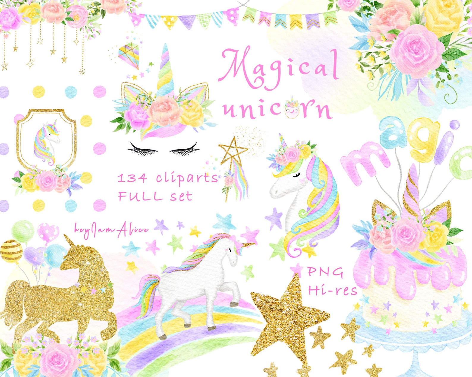 Unicorn Watercolor Clipart Rainbow Clipart Magical Unicorn - Etsy