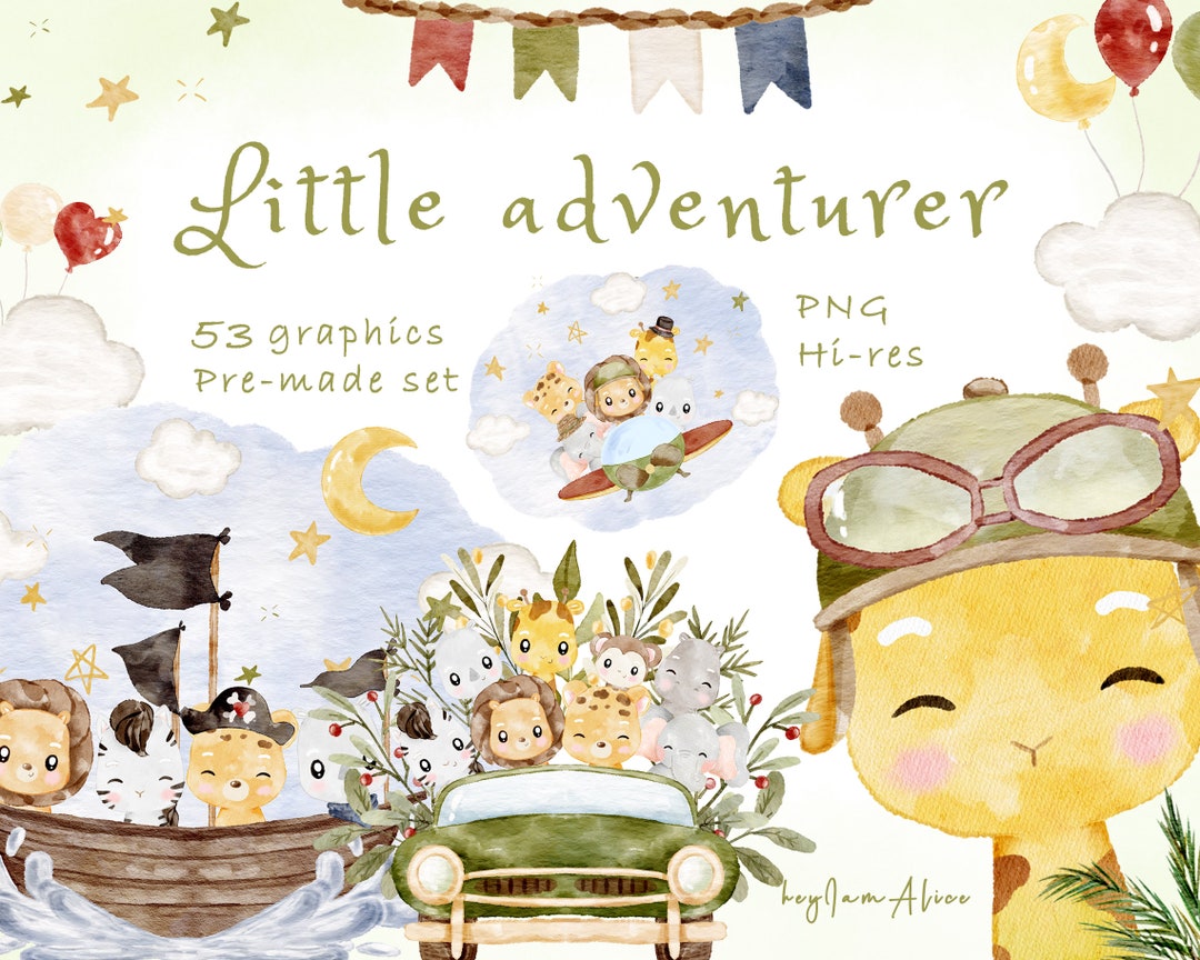 Jungle Watercolor Animal Clipart, Jungle Nursery, Plane Car Baby Shower ...