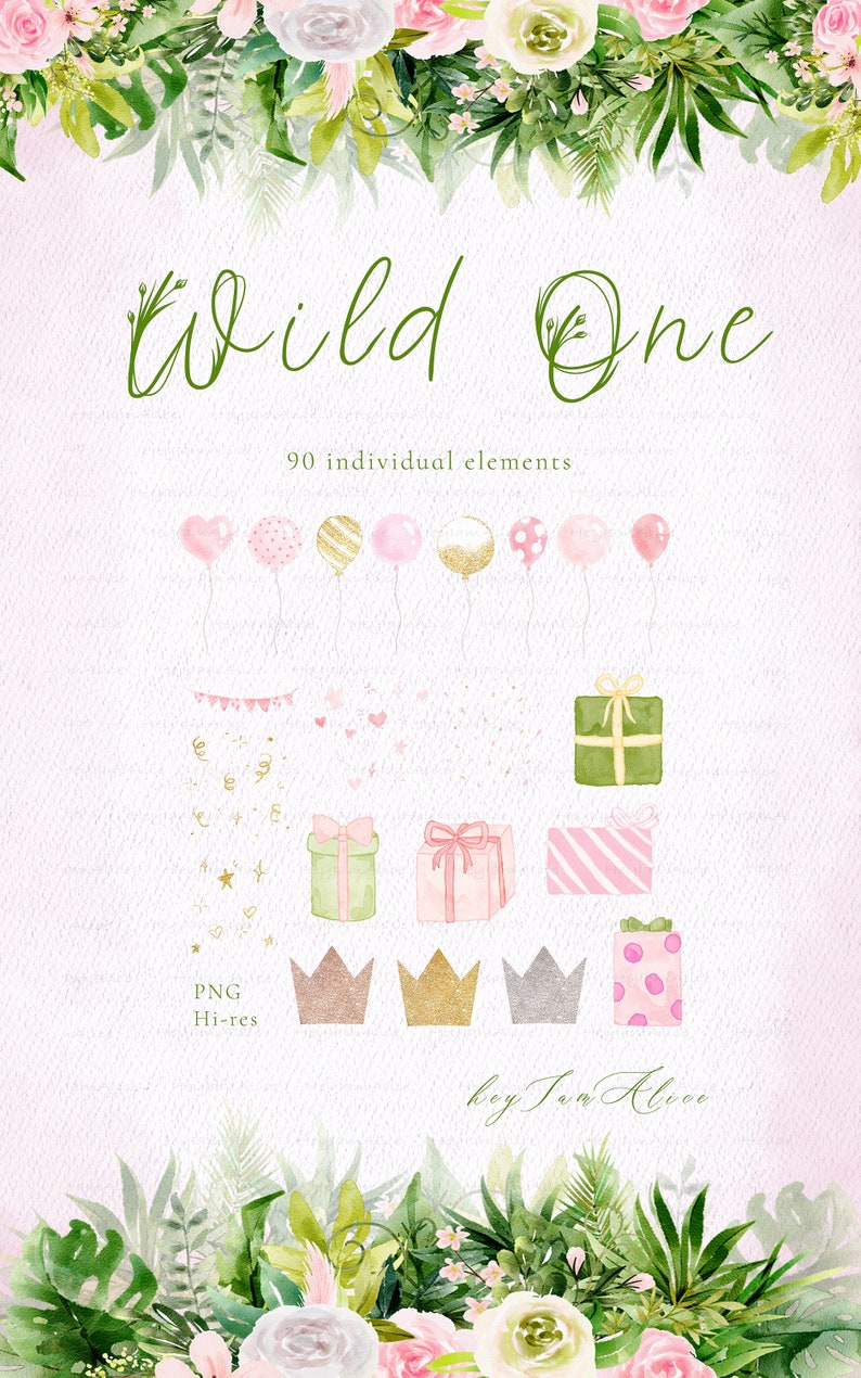 Pink Jungle Watercolor Animal Clipart Wild One PNG Jungle - Etsy