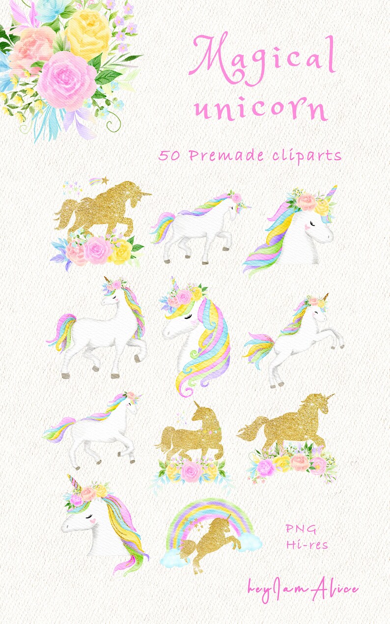 Unicorn Watercolor Clipart, Rainbow Clipart, Magical Unicorn Graphics ...