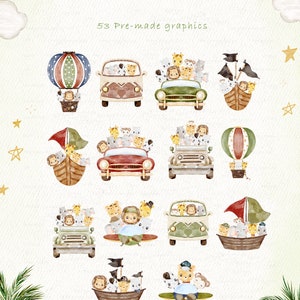 Jungle Watercolor Animal Clipart, Jungle Nursery, Plane Car Baby Shower ...